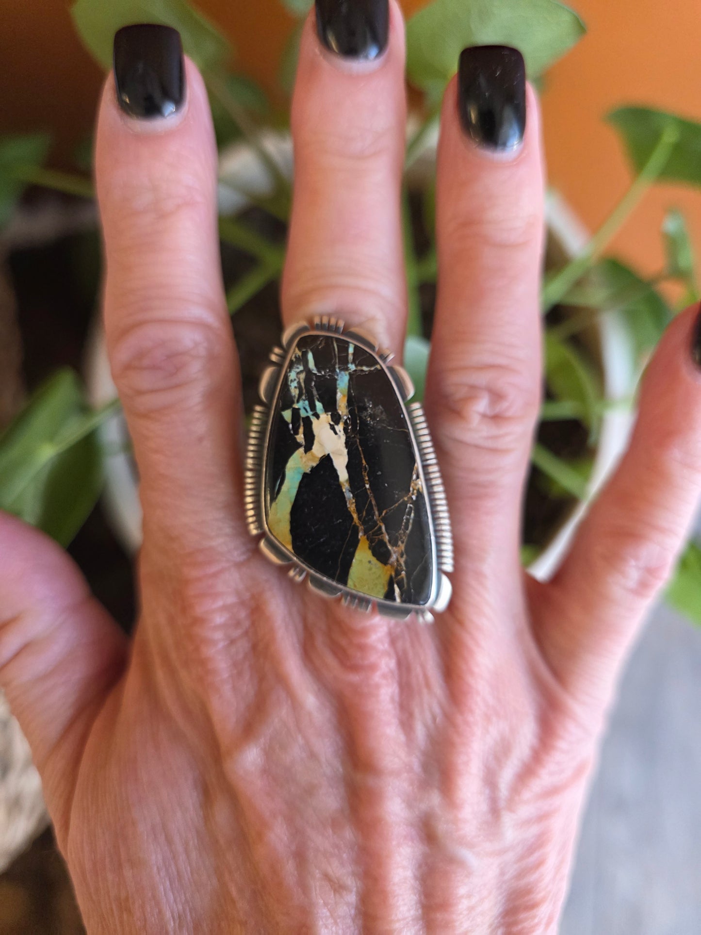 Begay Blackjack Turquoise Geometric Large Stone Ring – High Plains ...